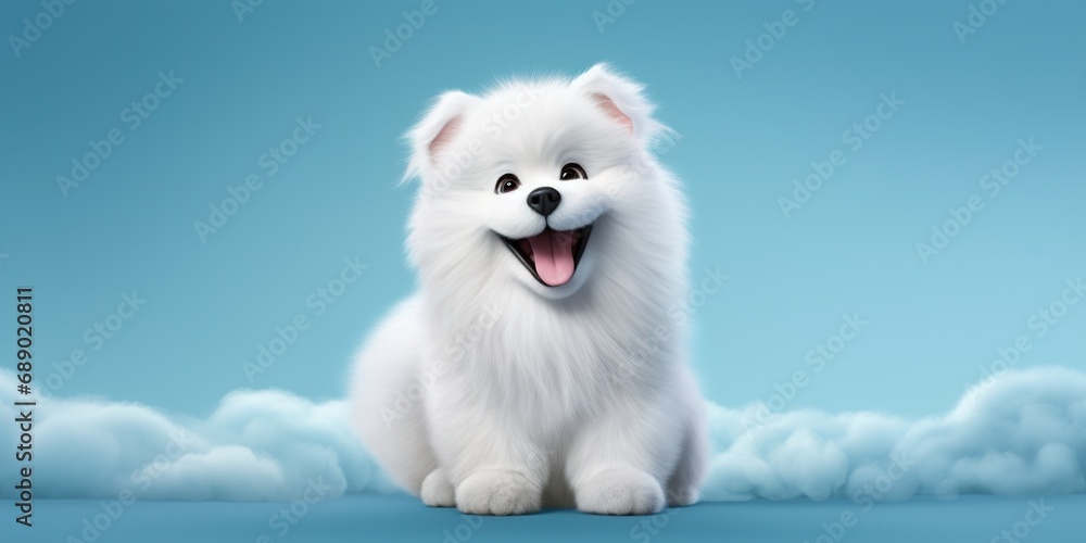 Fluffy dog cartoon character sitting with a big smile, on a sky blue ...