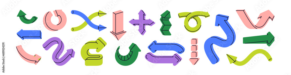 Curved arrows designs set. Pointers elements in doodle style, twisted ...