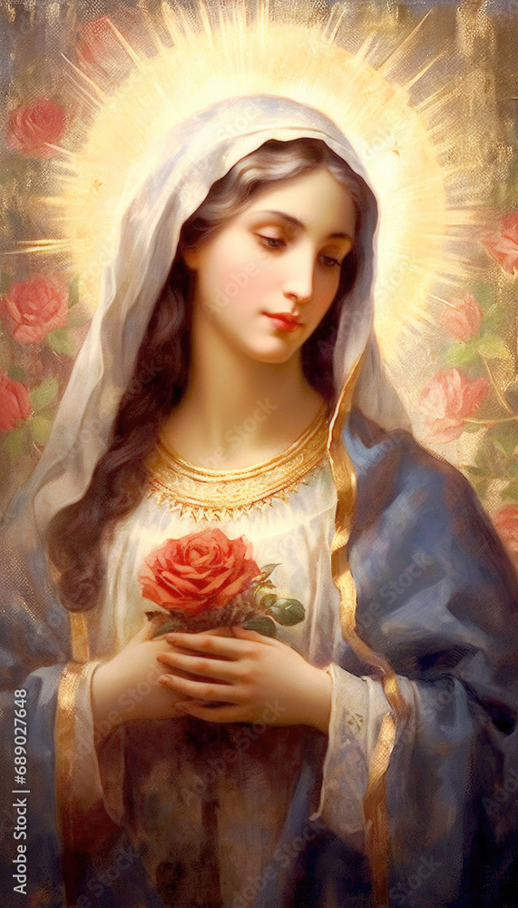 Sacred depiction of Holy Mary with roses. Concept of divine grace ...