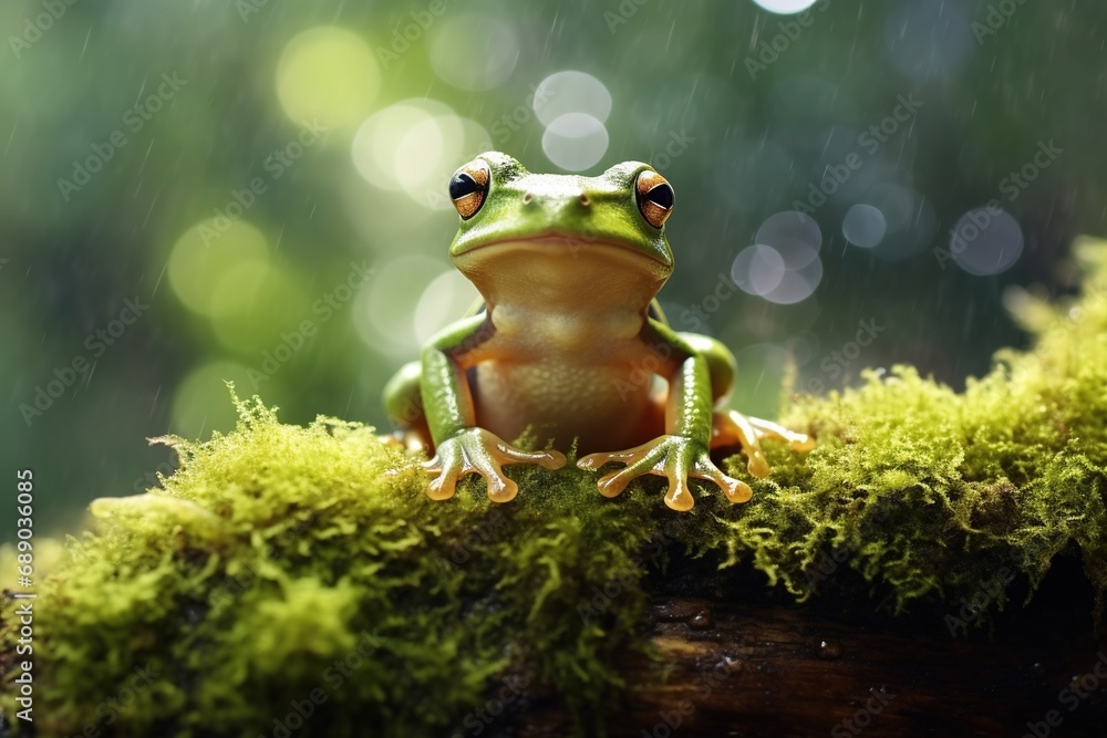 Green tree frog sitting on moss in the rainforest. Wildlife scene from ...