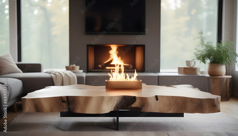 Live edge accent fireplace table between two sofas, Scandinavian home ...