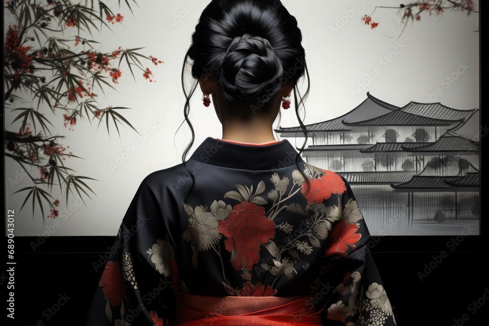 postcard or banner of a Japanese woman from behind in traditional dress ...