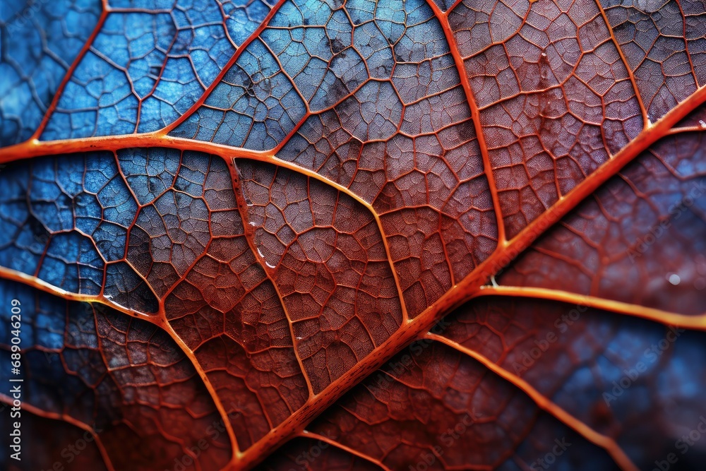 Macro closeup of red and blue autumn leaf texture background, Close up ...