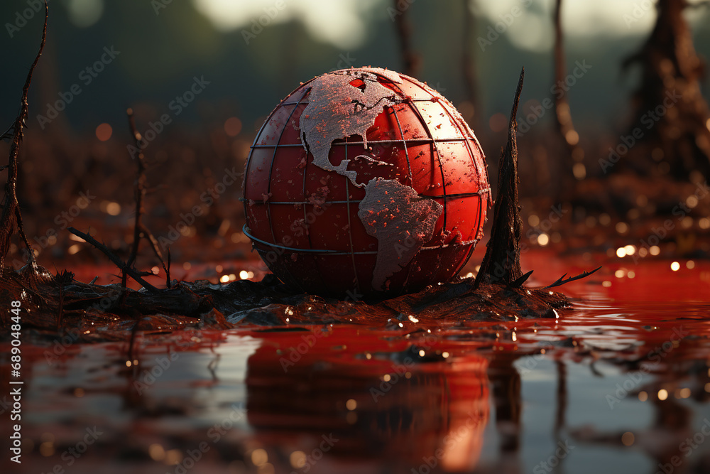 Planet Earth bleeding in blood, concept of environmental problems, wars ...