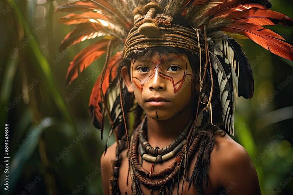 An indigenous boy, painted with cultural symbols, reflects the rich ...