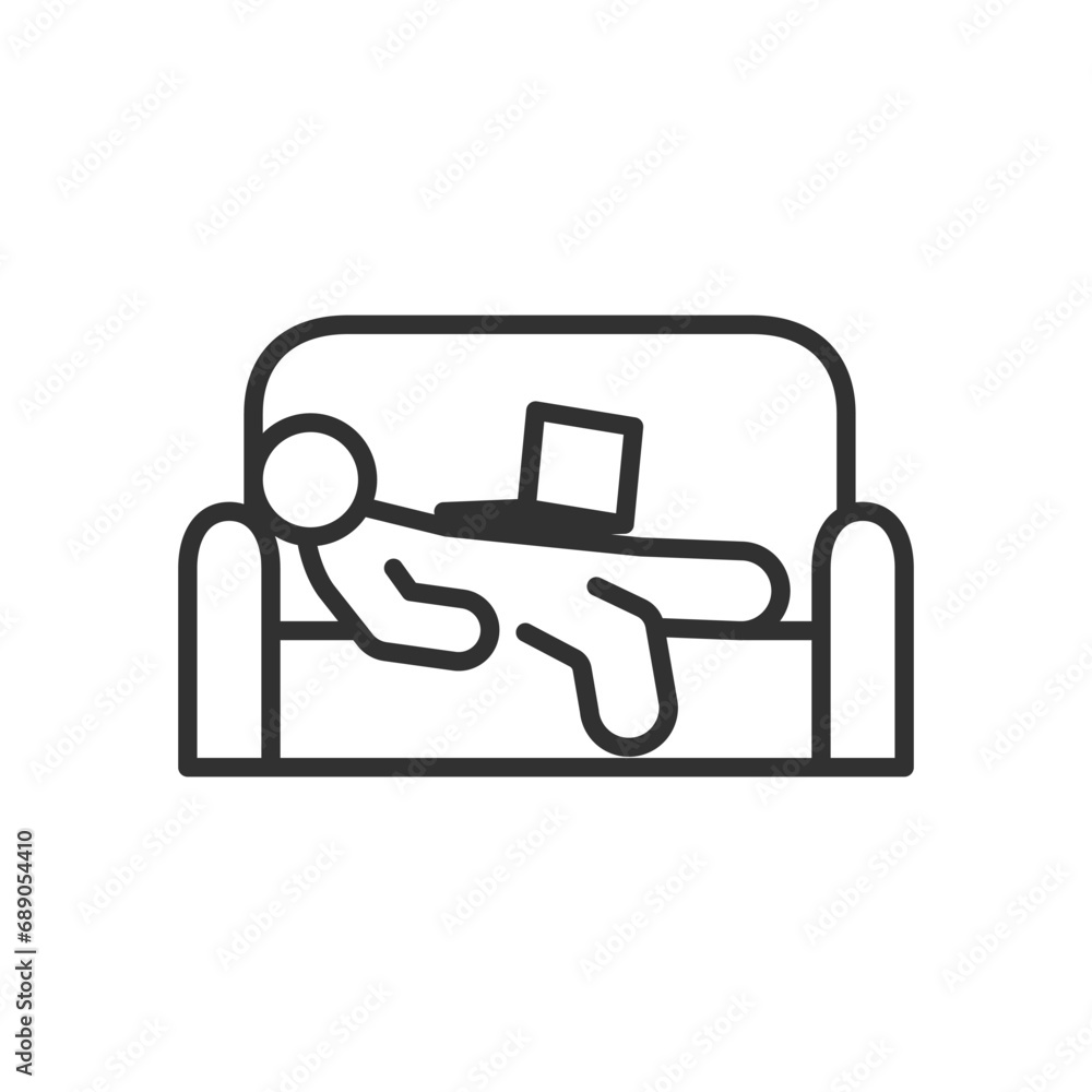 A person lying on a couch with a laptop, linear icon. Idleness, idle ...