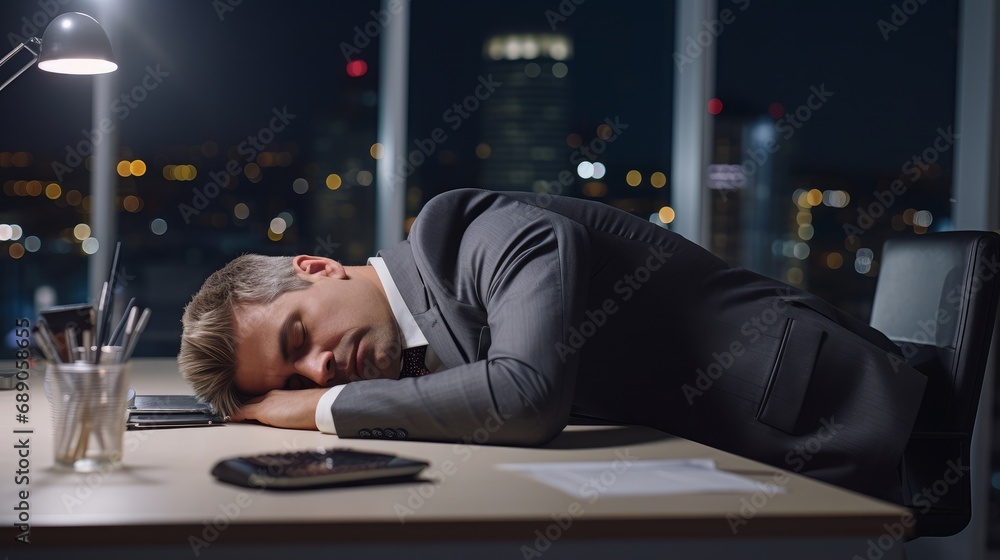 CEO sleeping on a table with his face down. Exhausted businessman ...