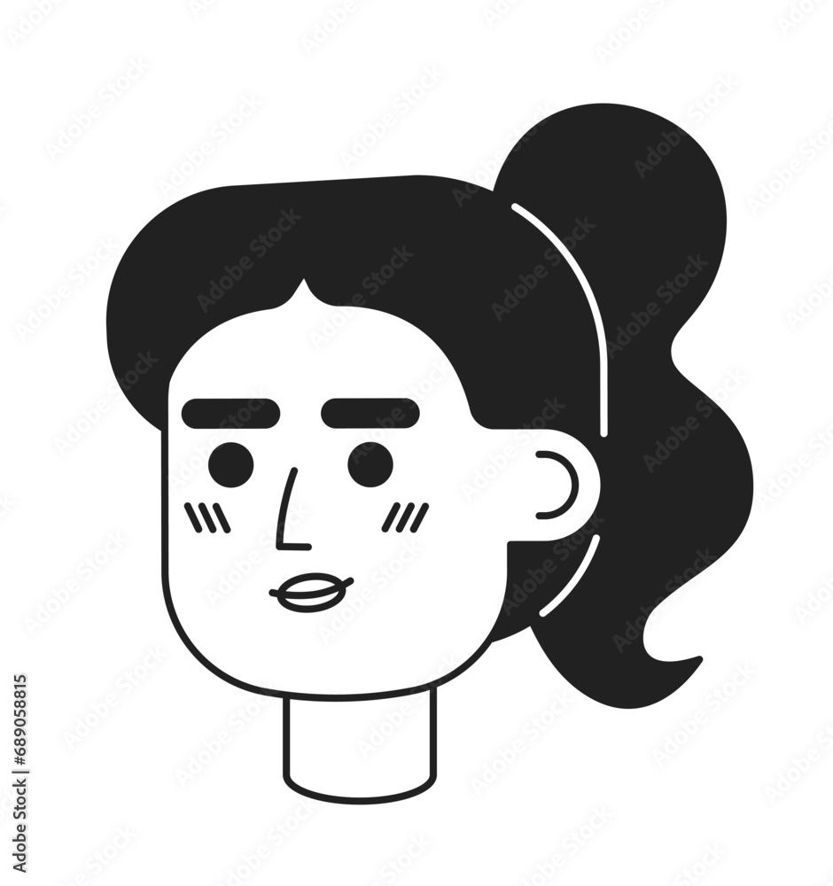 Ponytail young adult woman blushing shy black and white 2D vector ...