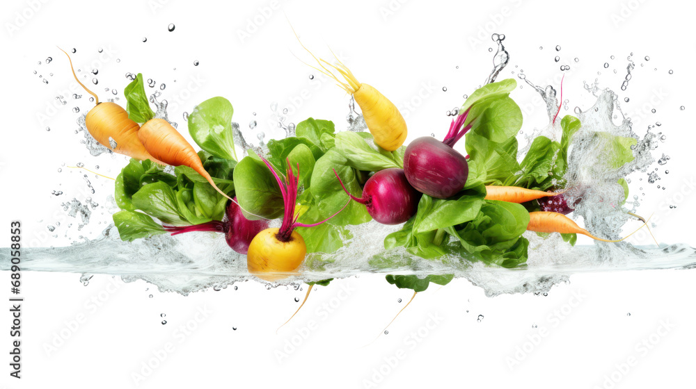 Floating mixture of root crops, vegetables and greens with splashing ...