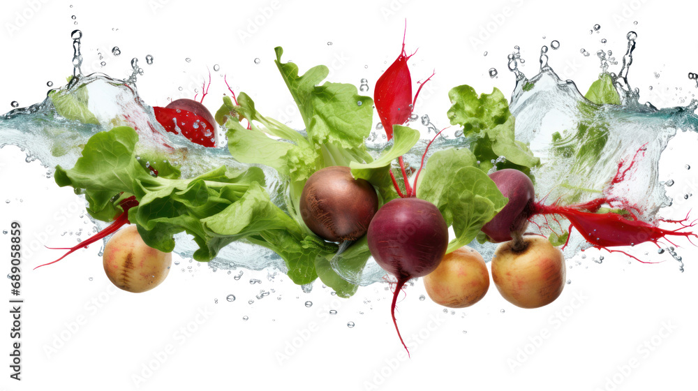 Floating mixture of root crops, vegetables and greens with splashing ...