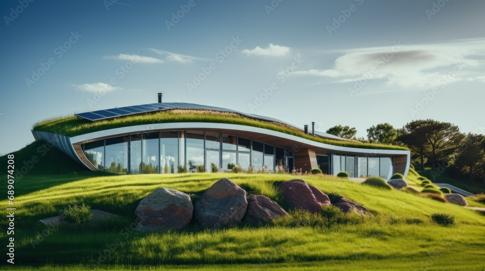 Eco-Friendly House with Green Roof and Solar Panels. An eco-friendly ...