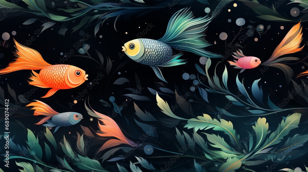 Colorful fish among sea plants on a dark background in a pattern style ...