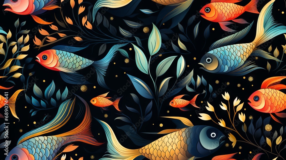 Colorful fish among sea plants on a dark background in a pattern style ...