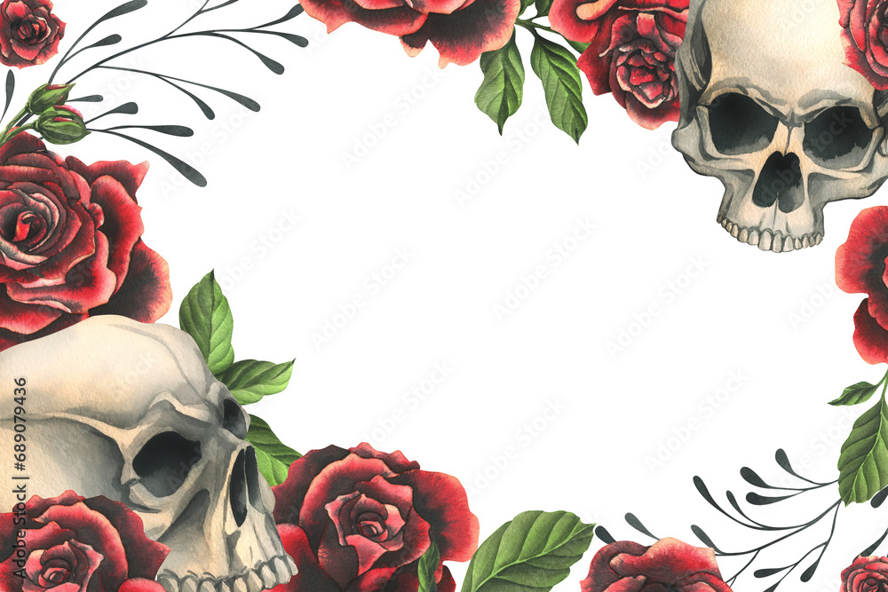 Human skulls realistic with black and red roses, green leaves and black ...