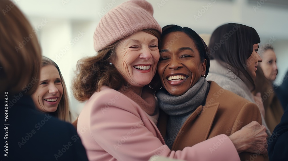 People of various nationalities join in collective hug showing unity ...