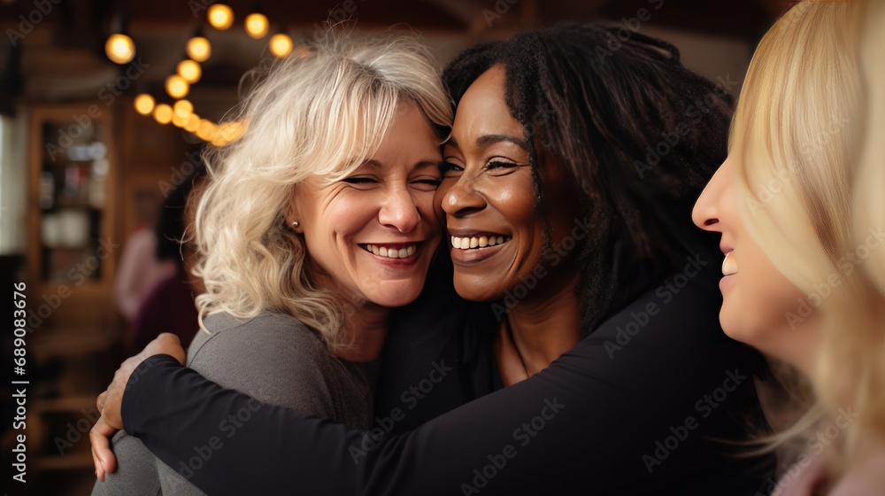 People of various nationalities join in collective hug showing unity ...