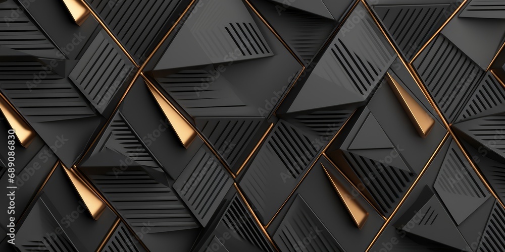 3d illustration. Seamless geometric wallpaper made of metallic black ...