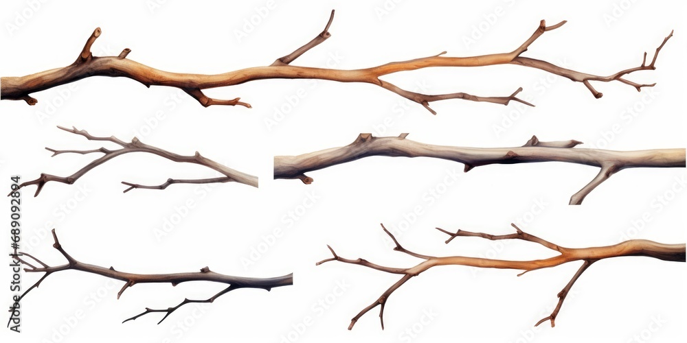 Set of watercolor tree branches without leaves. Hand drawn bare snags ...