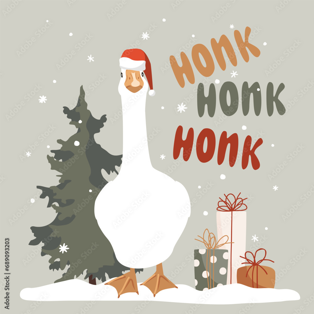 White goose in Santa Claus helper hat, gift boxes, and honk-honk-honk ...