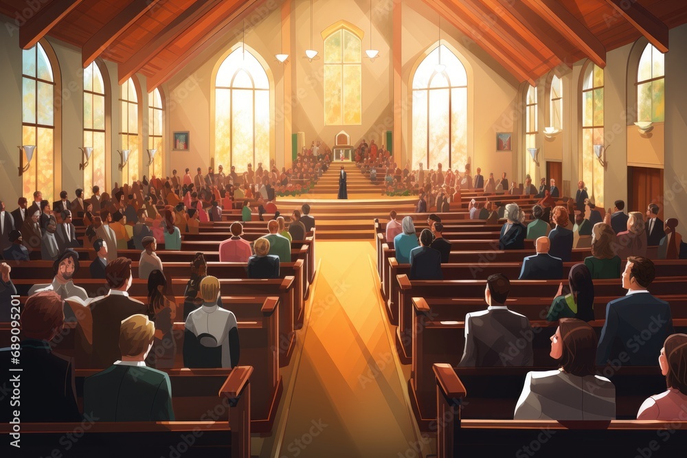 People in the church. Conceptual image. 3D rendering, A congregation ...
