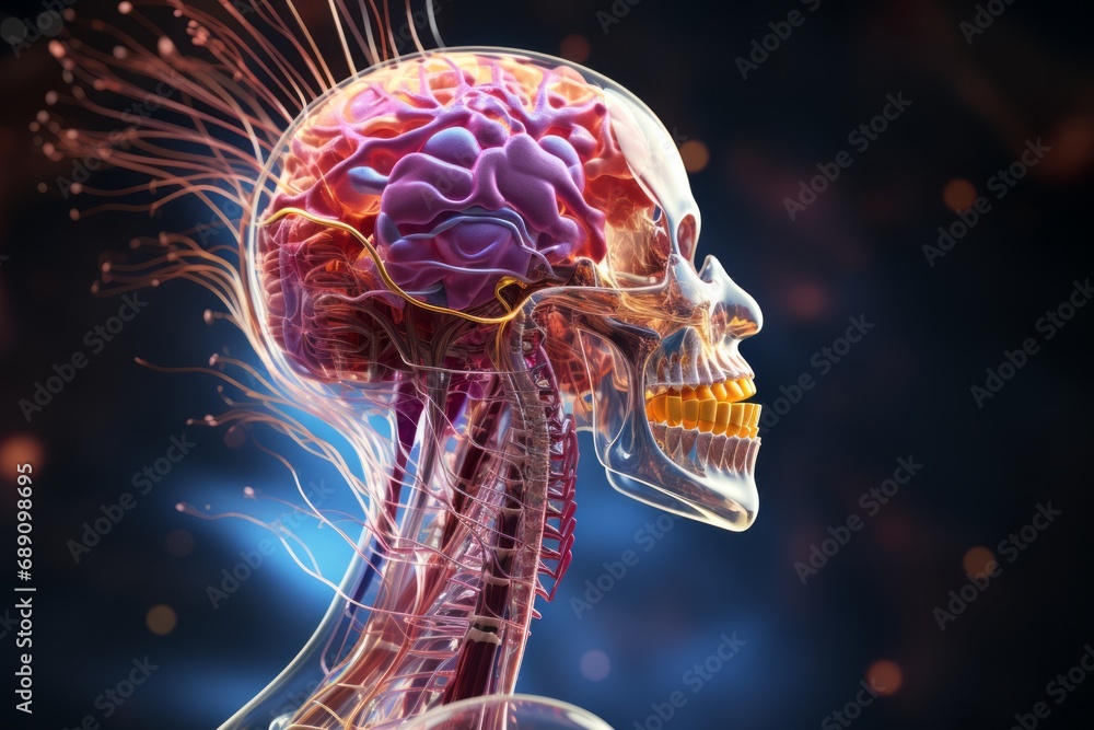 3D illustration of transparent human skull and colorful image human ...
