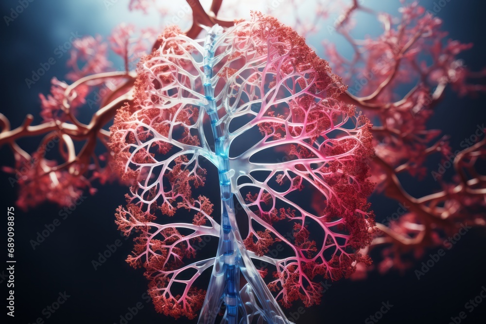 3D colorful illustration of human lungs on dark blue background. Human ...