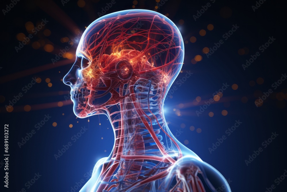 3D illustration of transparent human skull and colorful image human ...