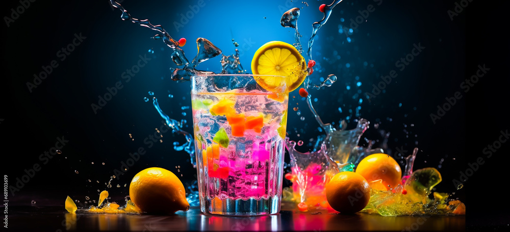 blue cocktail with splash and ice vapor. coctail on the table on wood ...