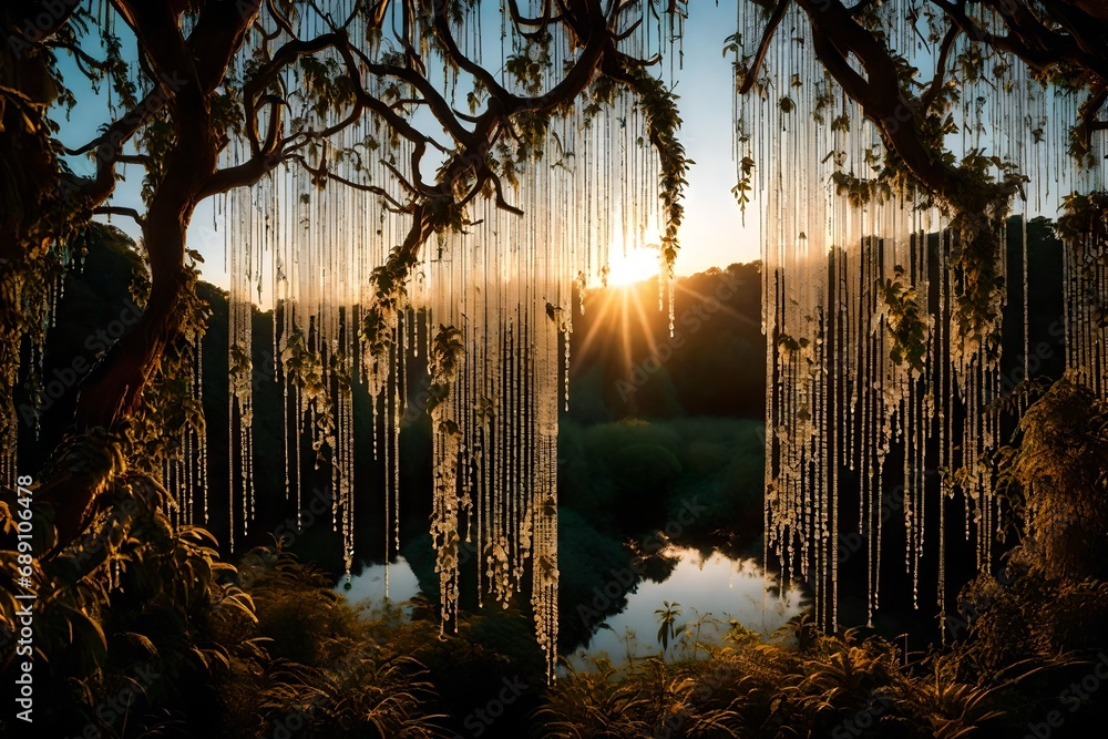 green trees with lush grass and big burger tress in the shine of the ...