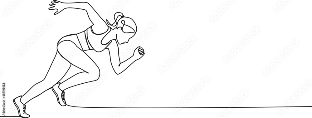 continuous single line drawing of female athlete starting to sprint ...