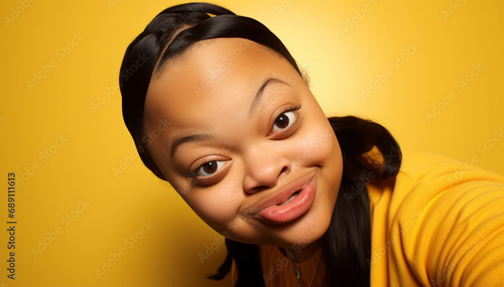 African American black Teenage girl with down syndrome taking selfie on ...