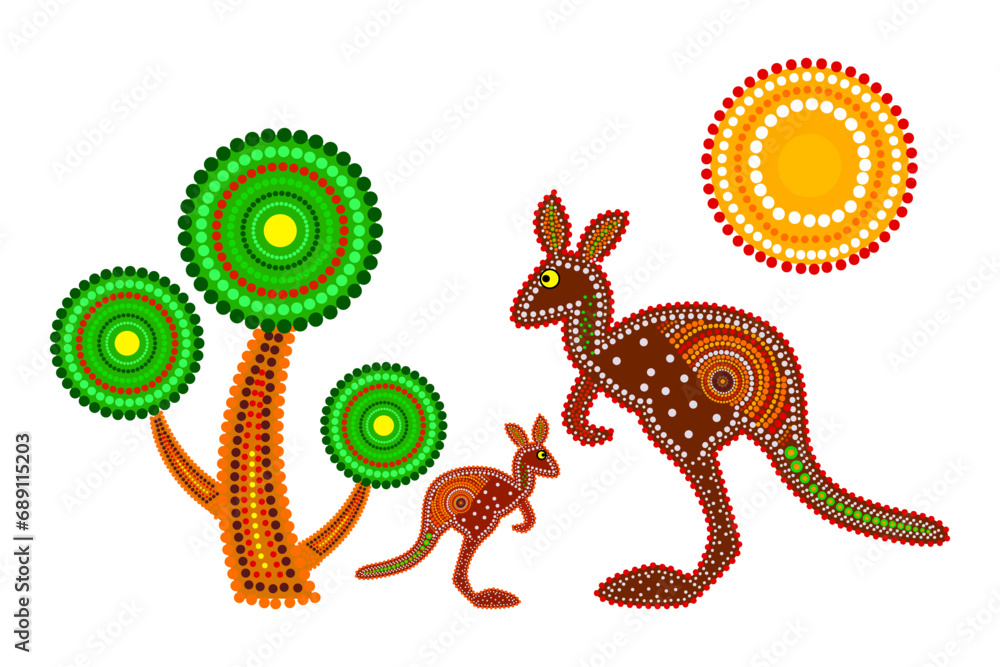 Two kangaroos, tree and sun in decorative ethnic style.Aboriginal ...