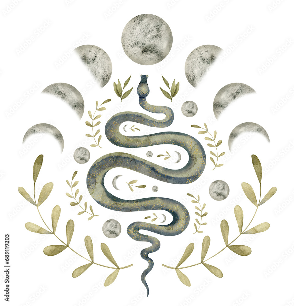 Snake and magic Symbols Watercolor illustration. Hand drawn clipart Set ...