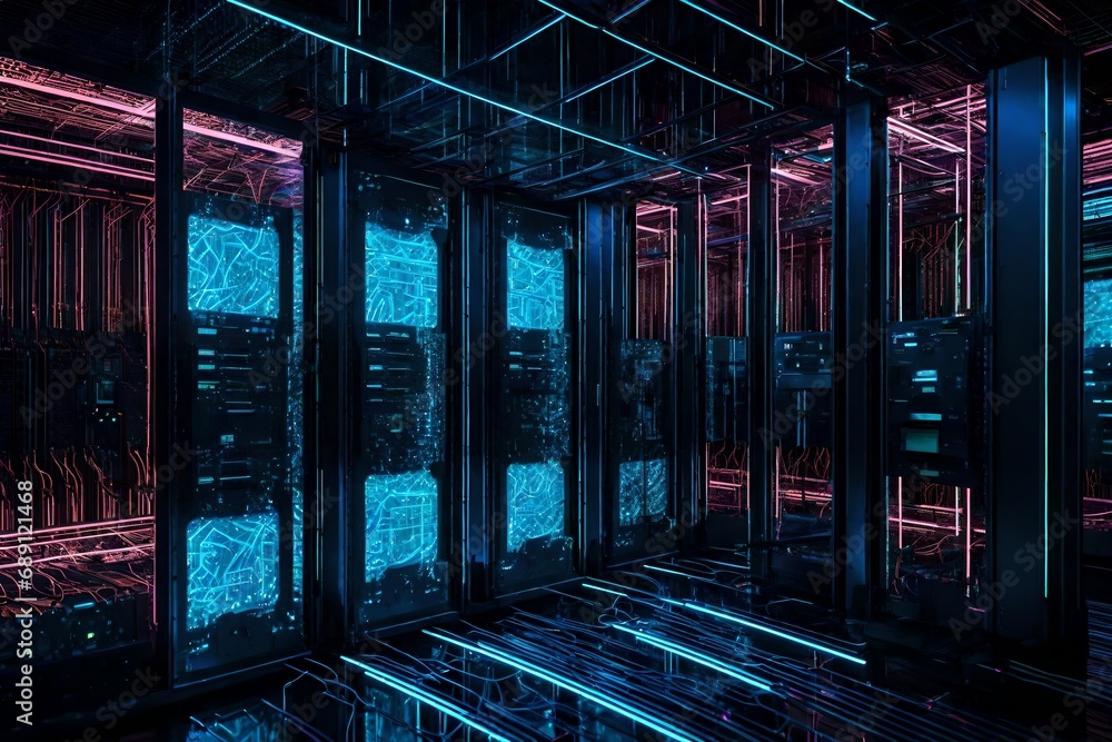 Cutting-edge server racks with intricate circuit patterns, bathed in a ...