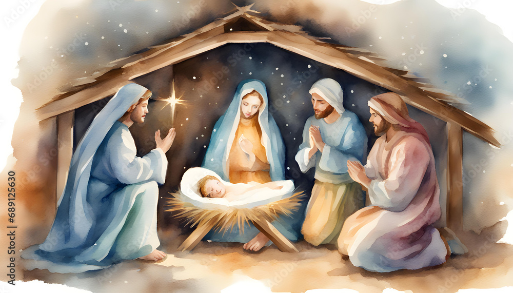 Watercolour painting of Christian Nativity. Virgin Mary, Jesus Christ ...