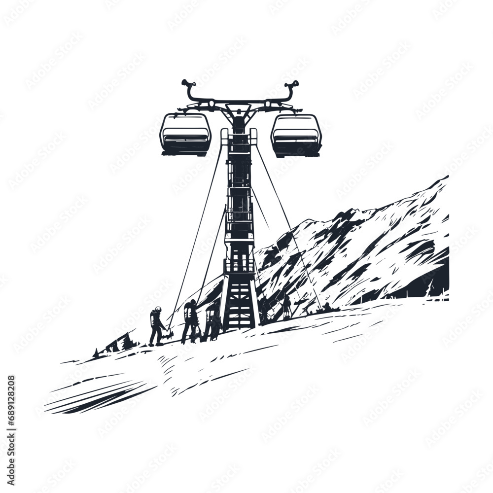 Ski resort maintenance. Surface lift operator fixing a lift. Snowy ...