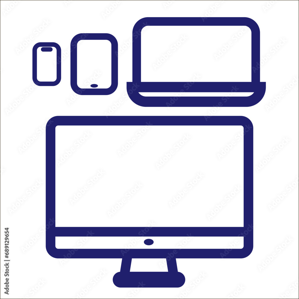 Set of outline devices icons: computer monitor, computer, laptop, phone ...