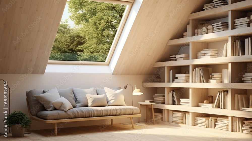 A cozy reading nook with a sloped ceiling lined with light wooden ...
