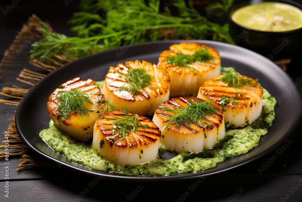 Professional food photography of Seared Scallops with Herb Sauce Stock ...