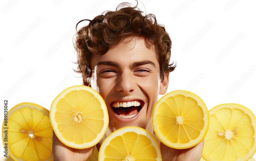 Funny Man Holding Slice of lemon Isolated on a Transparent Background ...
