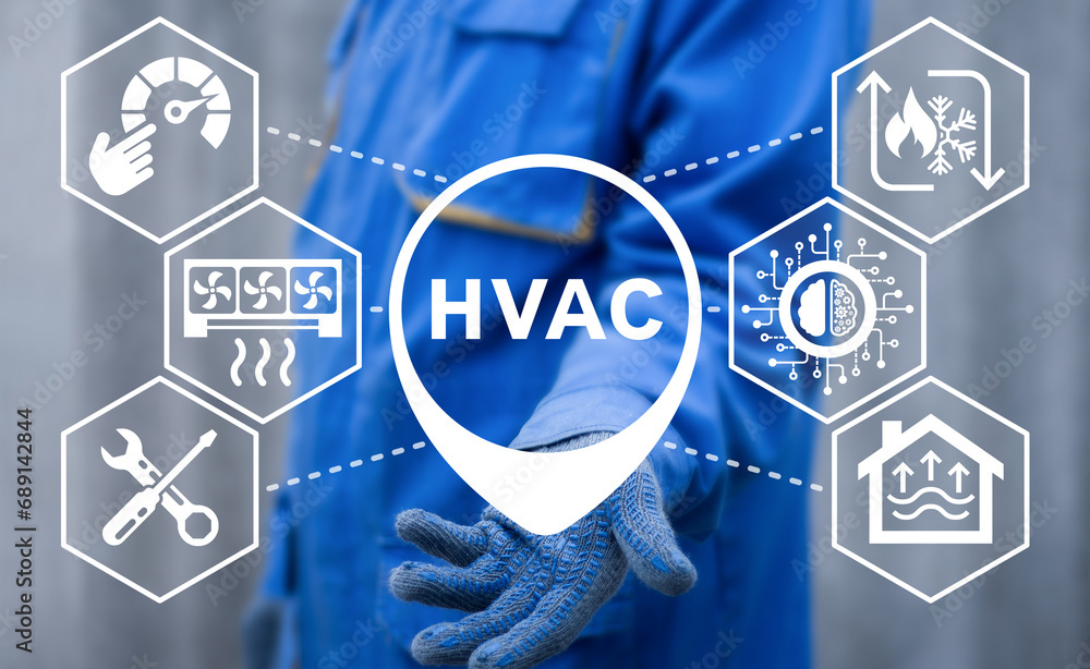 Engineer using virtual interface sees abbreviation: HVAC. Heating ...