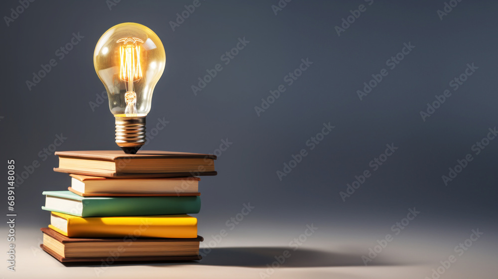 Lightbulb and books. Education course degree, E-learning graduate certificate program concept ...