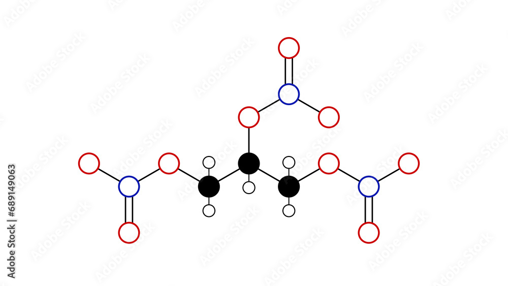 nitroglycerin molecule, structural chemical formula, ball-and-stick ...