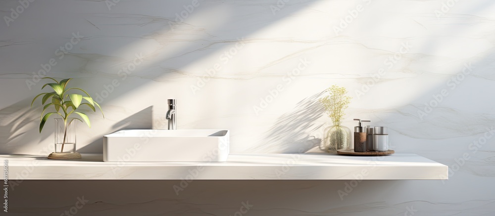 Create a 3D mockup of a modern bathroom vanity with a white counter ...