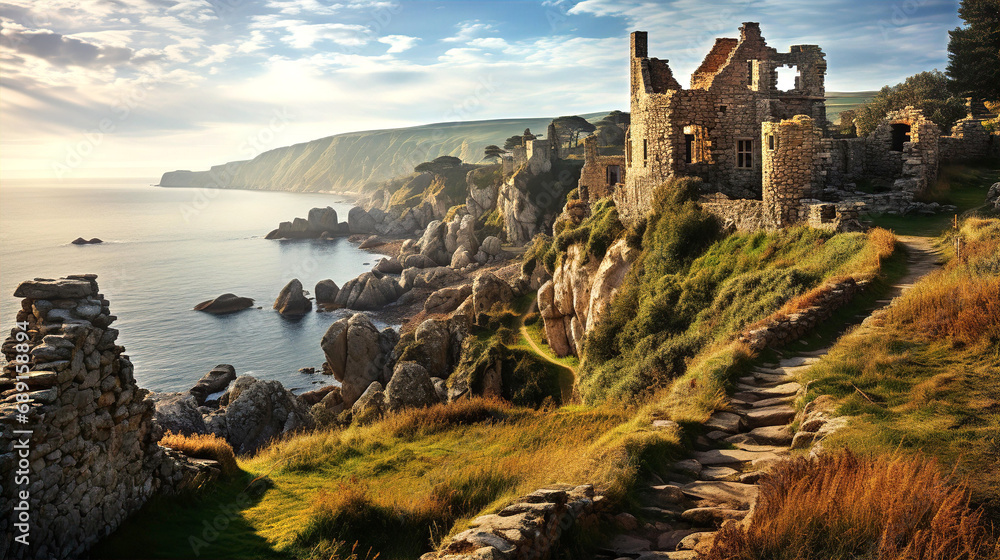 Poster Beautiful landscape with Ruins of medieval English castle ...