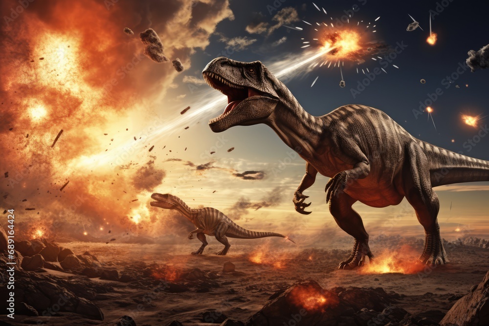 Dinosaurs Extinct With Meteorite Falling, Artwork Stock Illustration ...