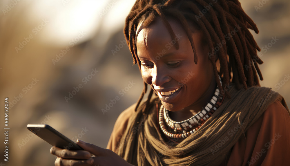 Serenely smiling Himba woman, gracefully blending modernity with ...