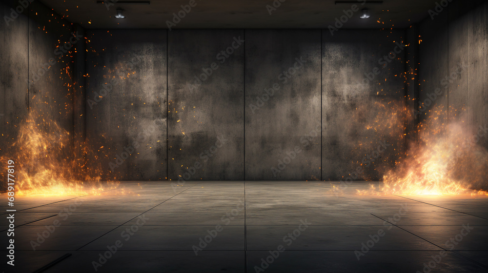 Intense Heat and Dramatic Sparks: Abstract Fire on Concrete Floor ...