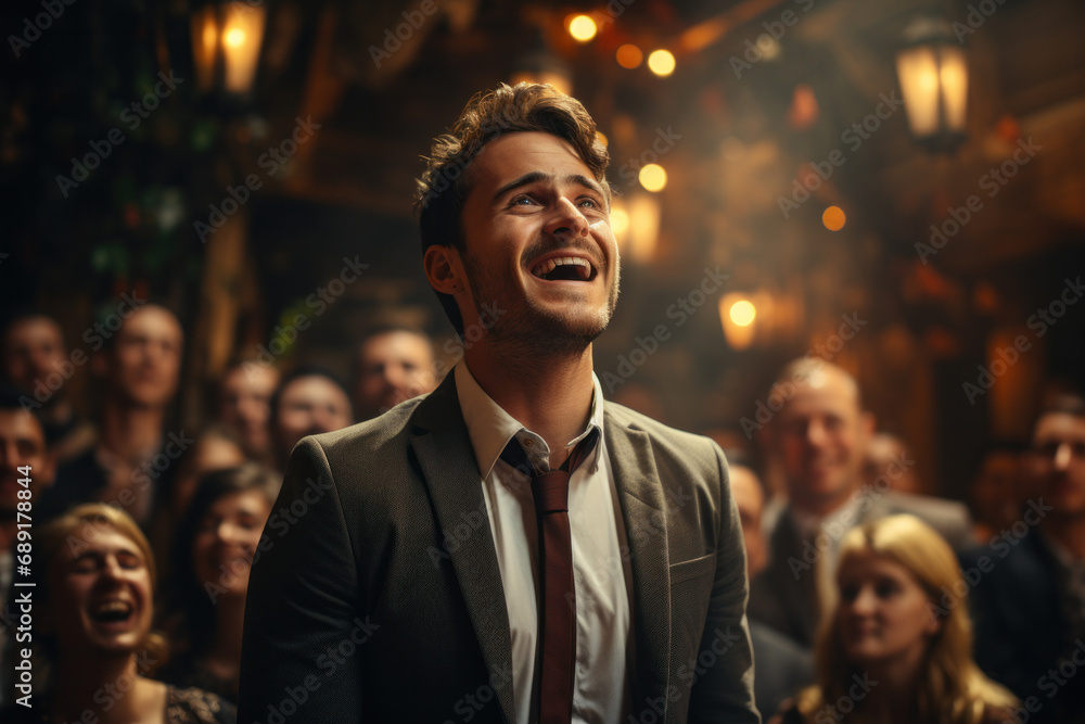 Stand up comedian on stage. Young man talks joke into microphone or ...