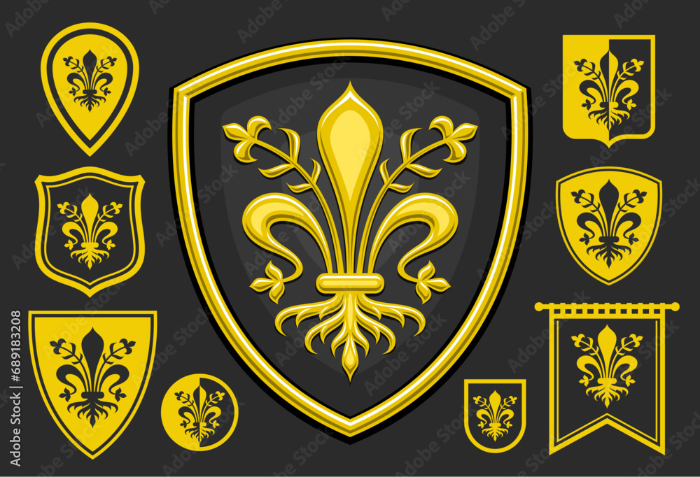 Vector Florence Emblem Set, horizontal poster with lot collection of 9 isolated illustrations of ...